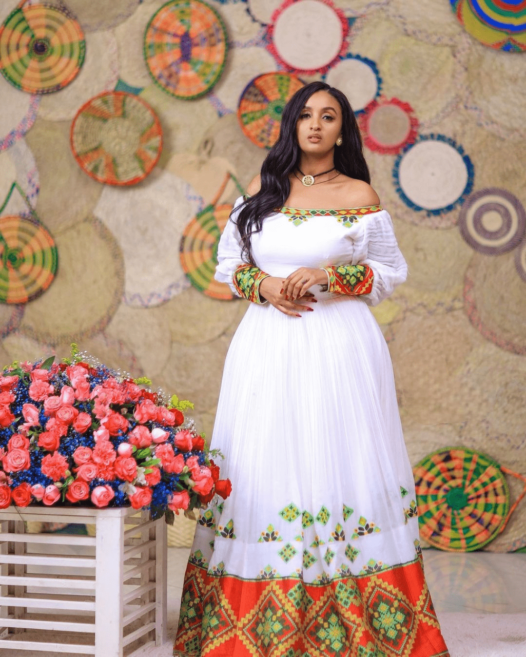 Vibrant Modern Habesha Dress: Off Shoulder Daring Traditional Ethiopia ...
