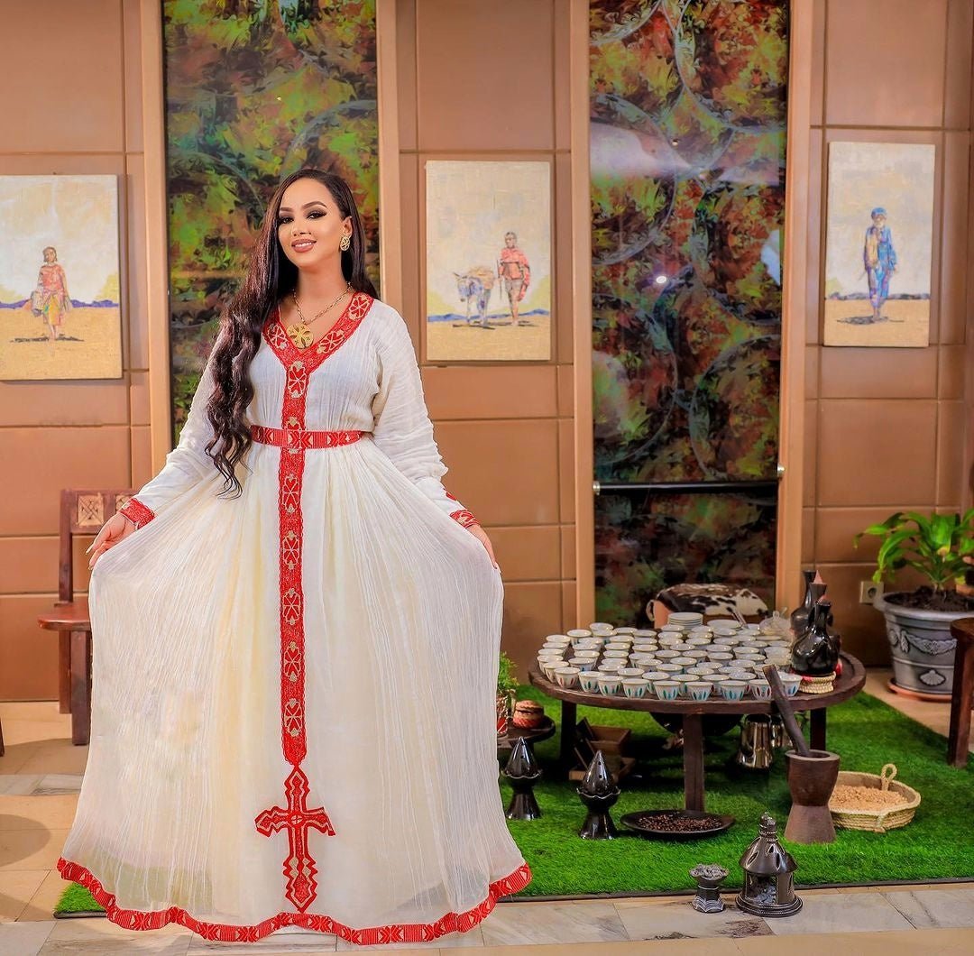 Simple Red Tilet Design Habesha Dress Modern Habesha Kemis Ethiopian D ...