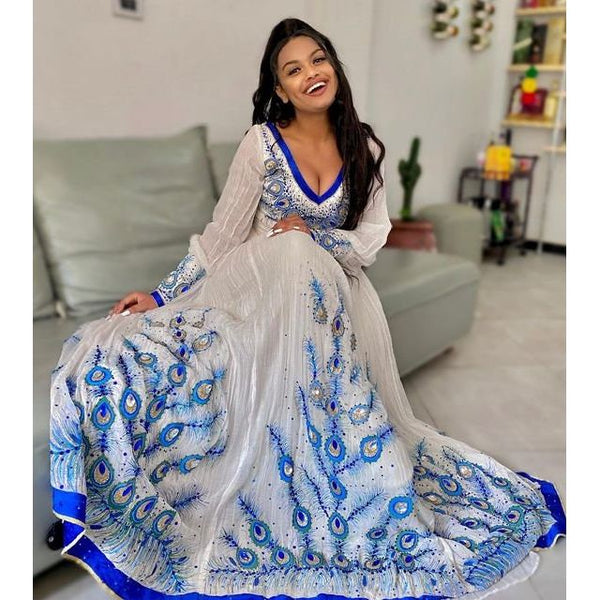 Blue Menen Habesha Kemis with Tilf Embroidery and Beads, Habesha Kemis ...