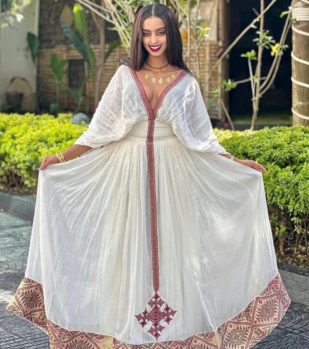 Simple habesha dress with thin tilf hand woven Ethiopian dress design ...