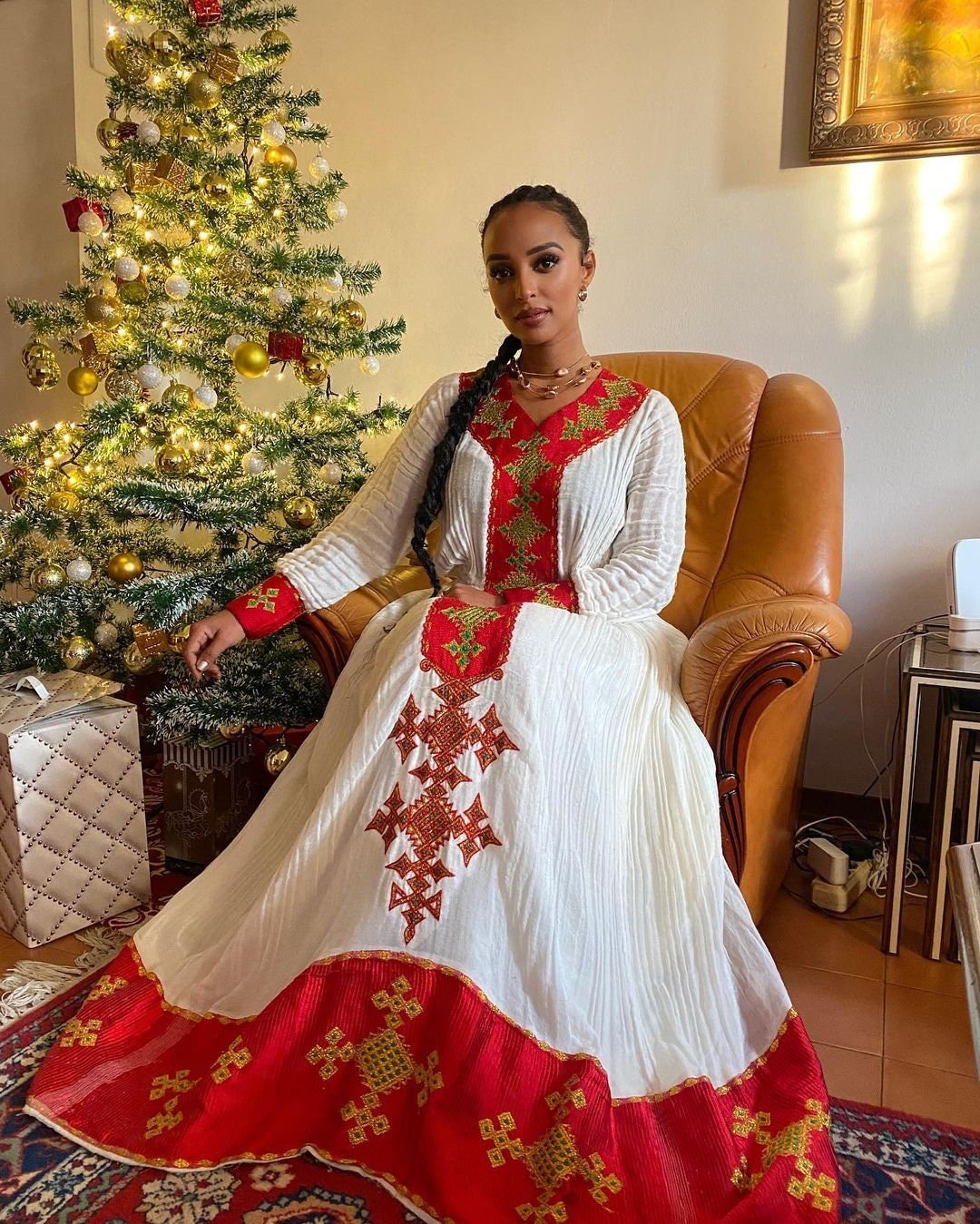 Red pattern habesha dress modern habesha kemis design – TheEthiopianStore