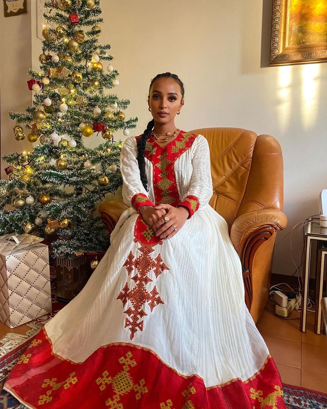 Red pattern habesha dress modern habesha kemis design – TheEthiopianStore