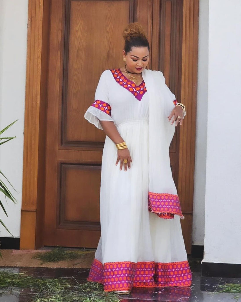 Vibrant Pink Design Simple Habesha Dress Modern Habesha Kemis Ethiopia ...