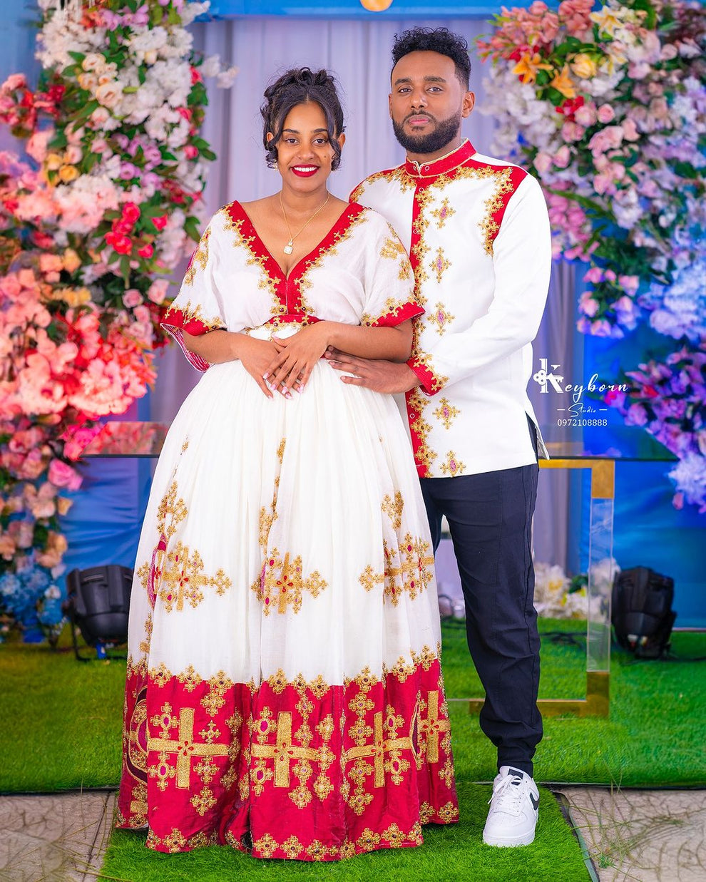 Alluring Red Traditional Ethiopian Couples Outfit: with Golden Handsti ...