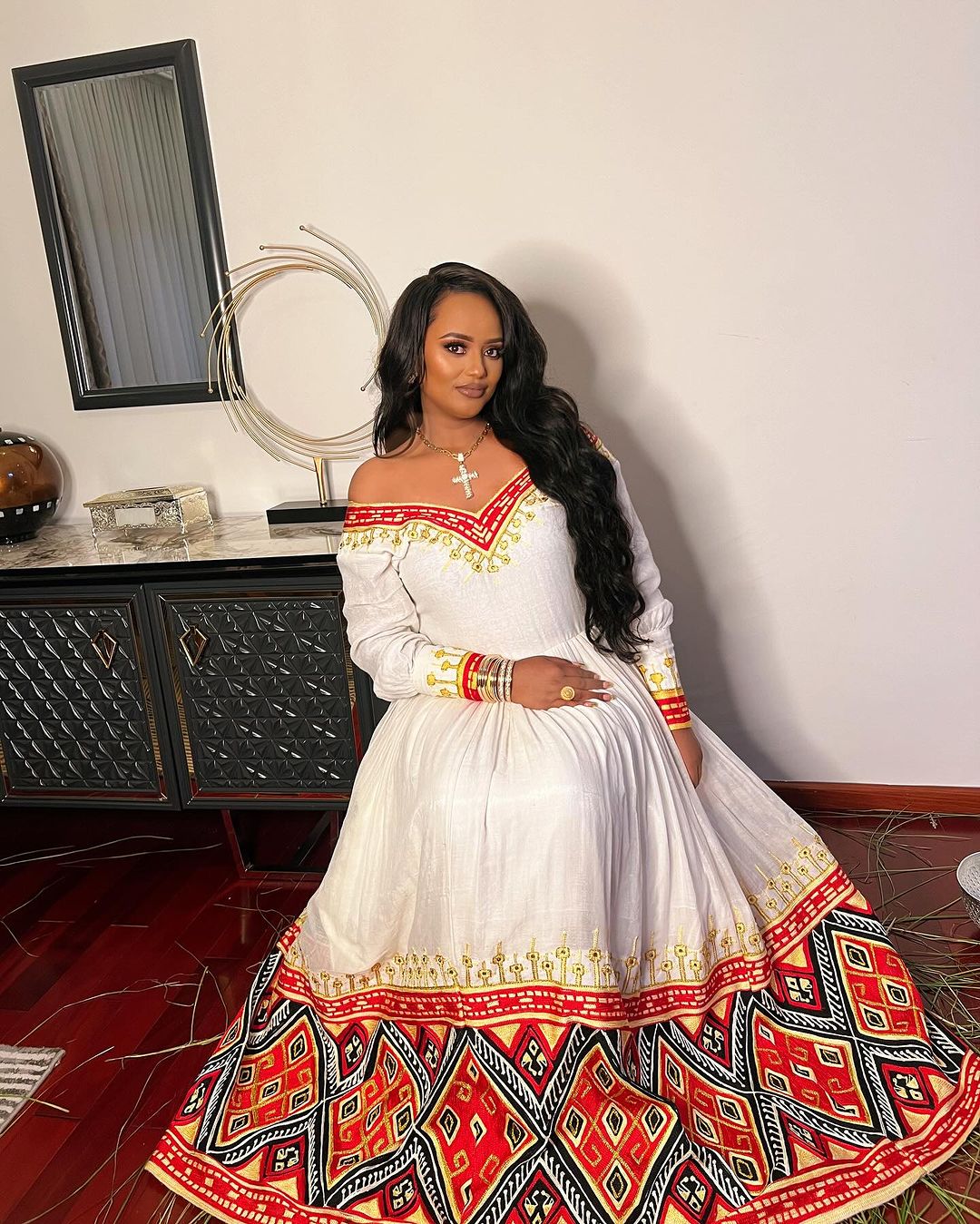 Magnificent Red Traditional Ethiopian Dress: Off Shoulder Daring Habes ...