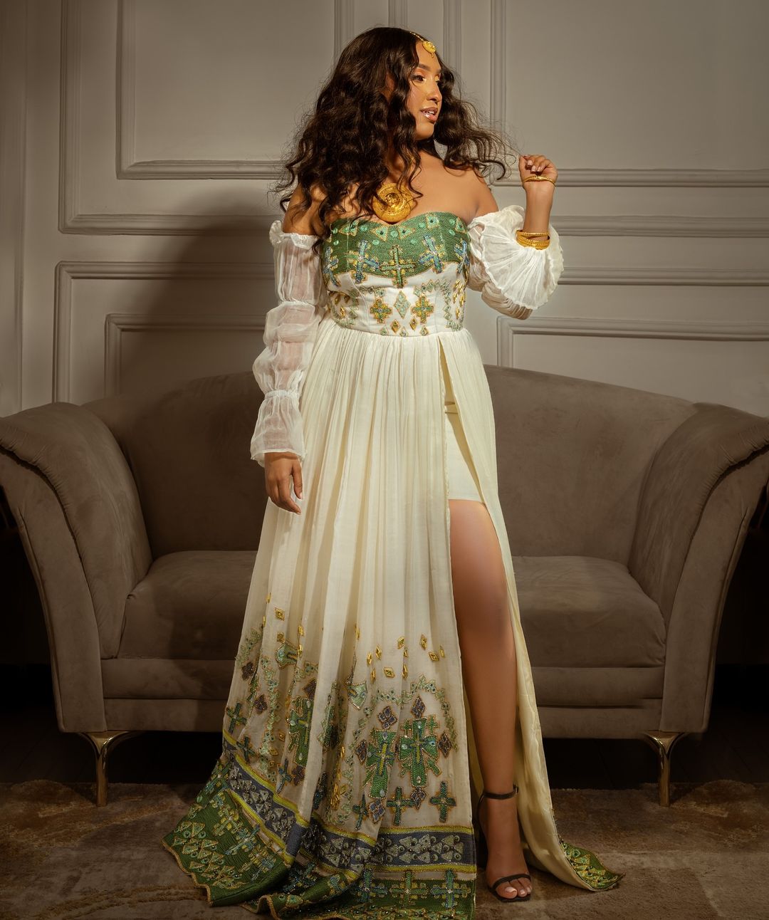 Striking Traditional Look in Green Ethiopian Dress: Daring Slit on Hab ...