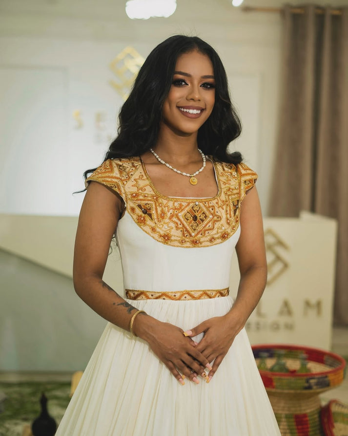 Ethiopian Habesha Kemis with Golden Tibeb Embroidery Traditional Dress ...