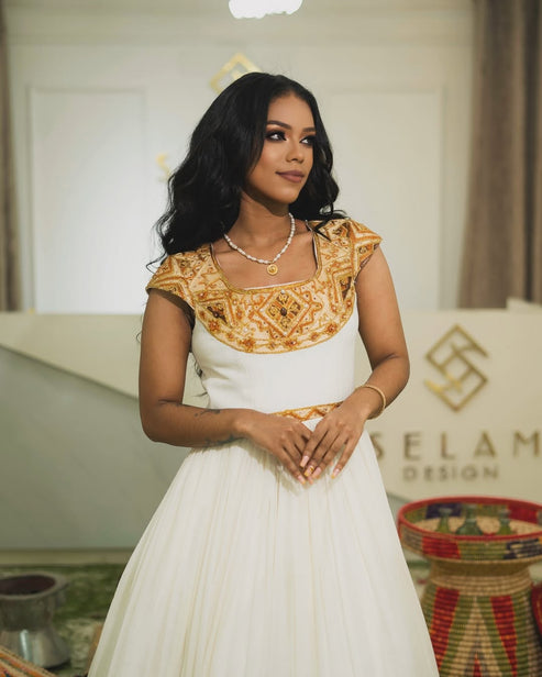 Ethiopian Habesha Kemis with Golden Tibeb Embroidery Traditional Dress ...
