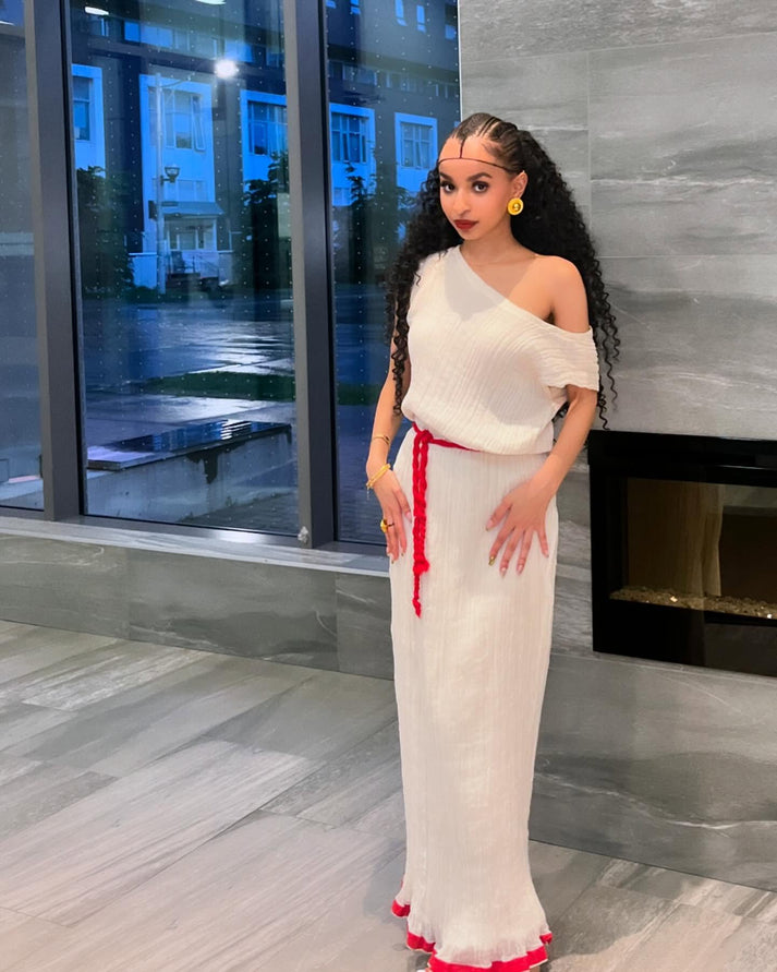 White Habesha Kemis with Red Hem Elegant Habesha Dress Premium ...