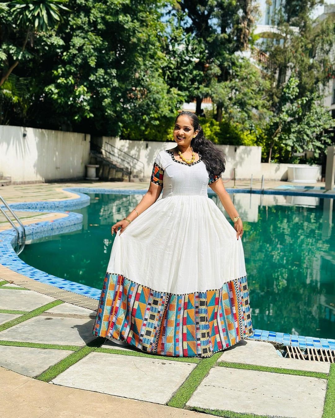 Vibrant Patterns Modern Habesha Dress with Colorful Design Habesha Kem ...