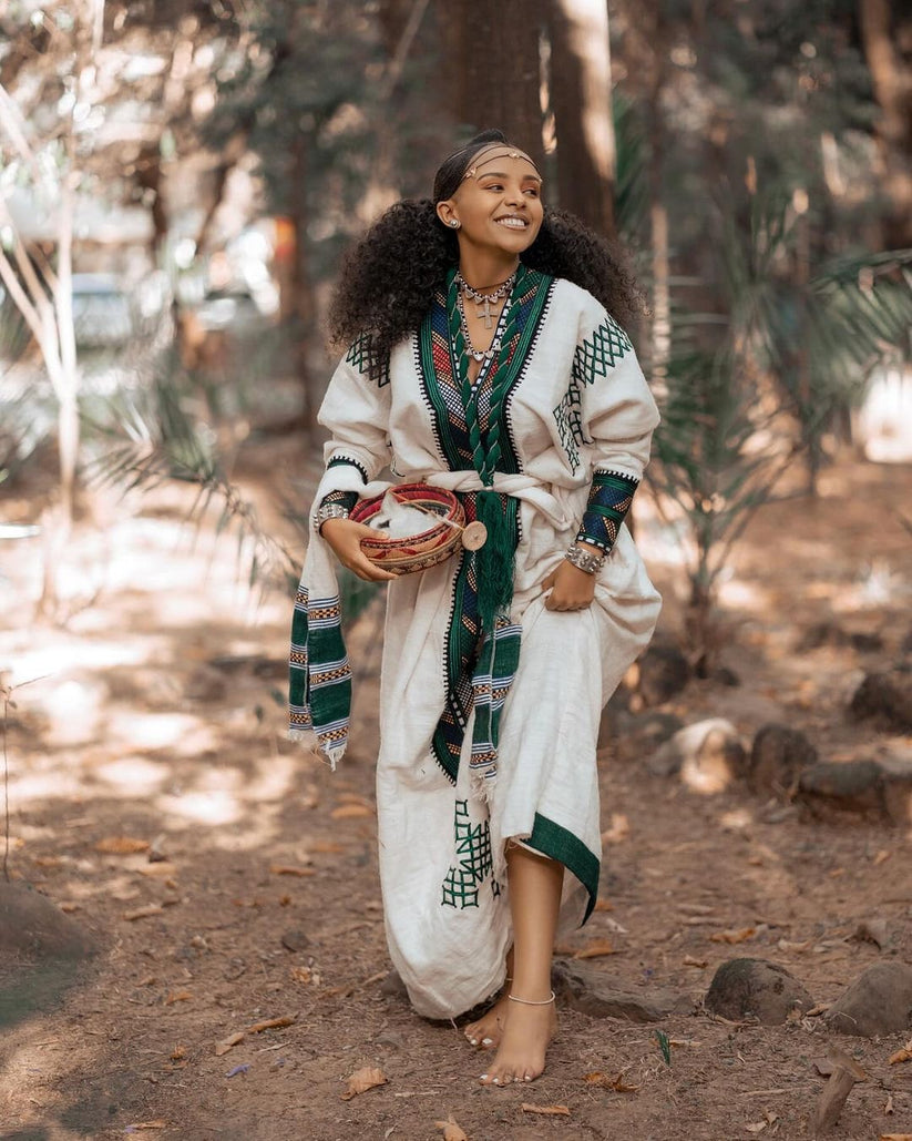 Regal Charm Dark Green Tilet Cultural Habesha Dress with Handwoven Det ...